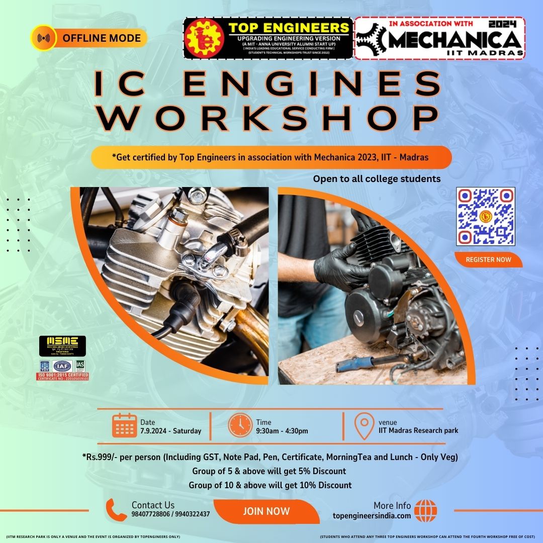 IC Engines Workshop 2024, Top Engineers, Workshop, Chennai IC Engines Workshop 2024, Top Engineers, Workshop, Chennai