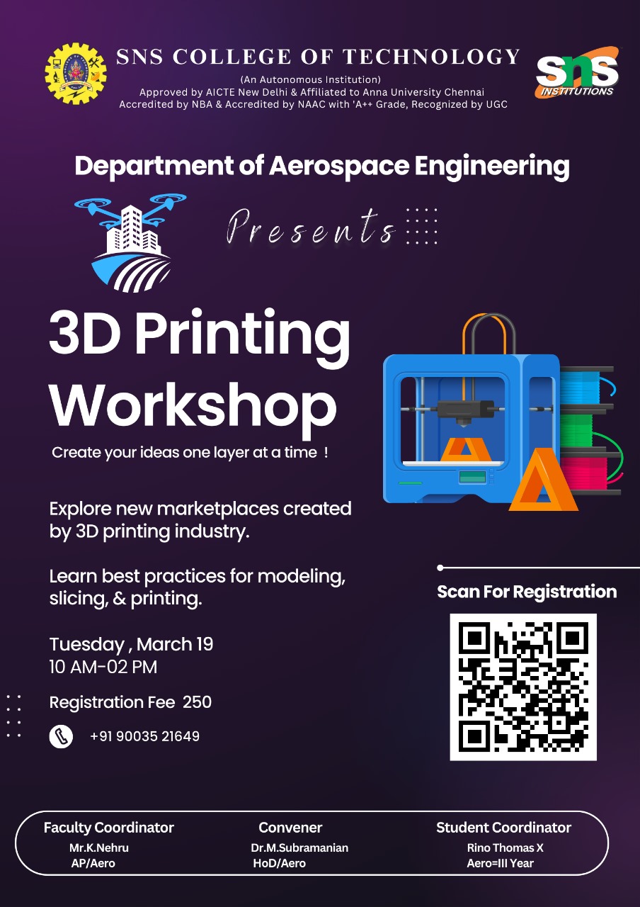 3D Printing Workshop 2024, SNS College of Technology, Workshop, Coimbatore