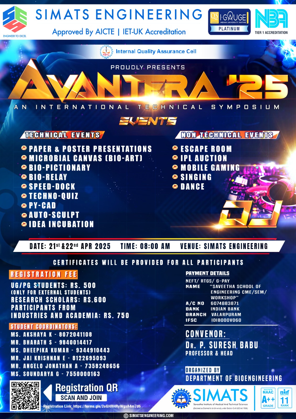 Avantera '25, SIMATS Engineering, Technical Symposium, Chennai