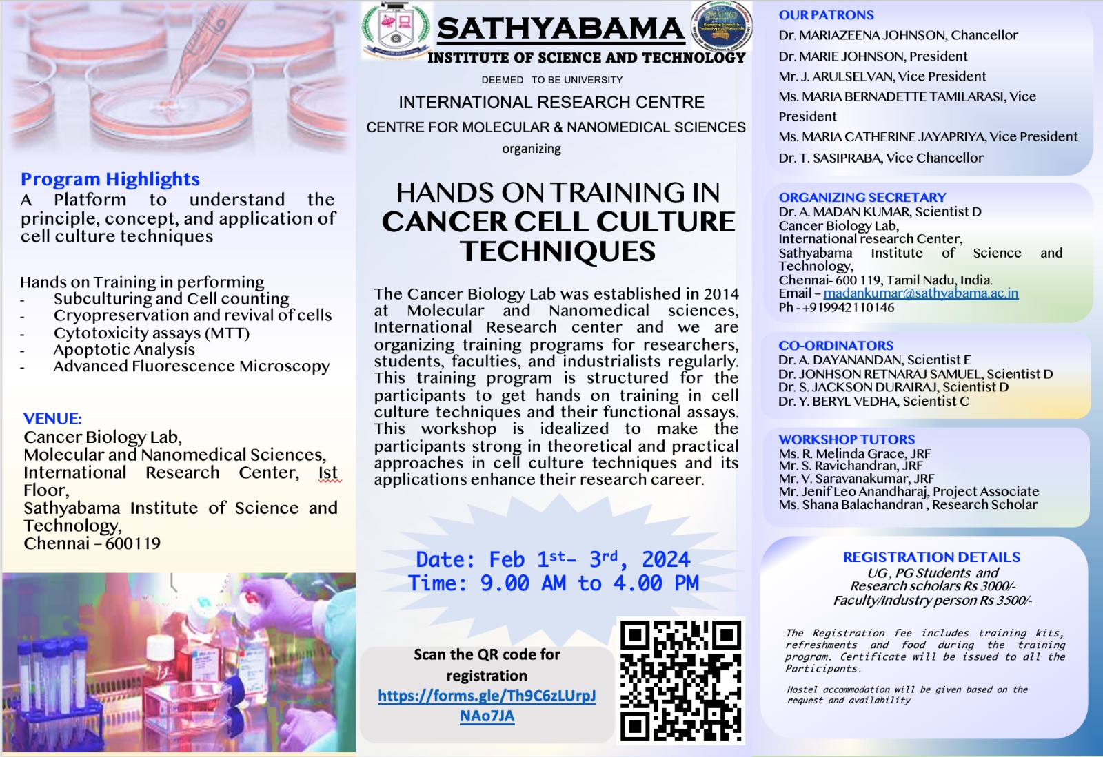 Hands on Training Cancer Cell Culture Techniques 2024, Sathyabama ...