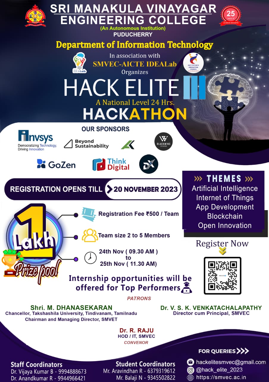 Hack Elite 2023, Sri Manakula Vinayagar Engineering College, Hackathon ...