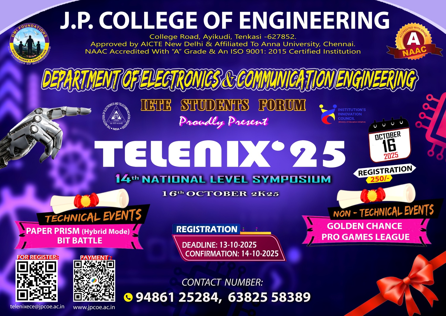 TELENIX 25, JP College of Engineering, Technical Symposium, Tenkasi