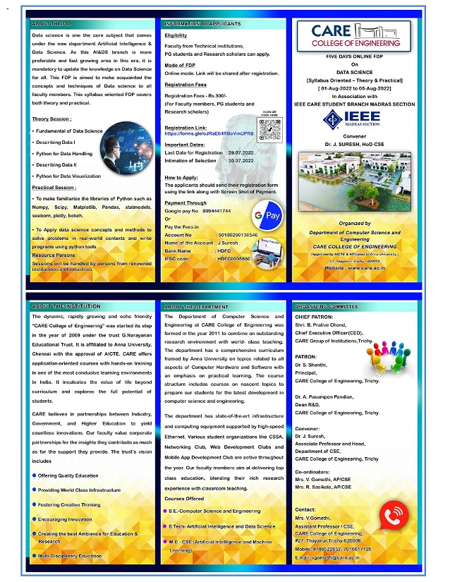 FDP on DATA SCIENCE 2022, CARE Group of Institutions, Faculty ...