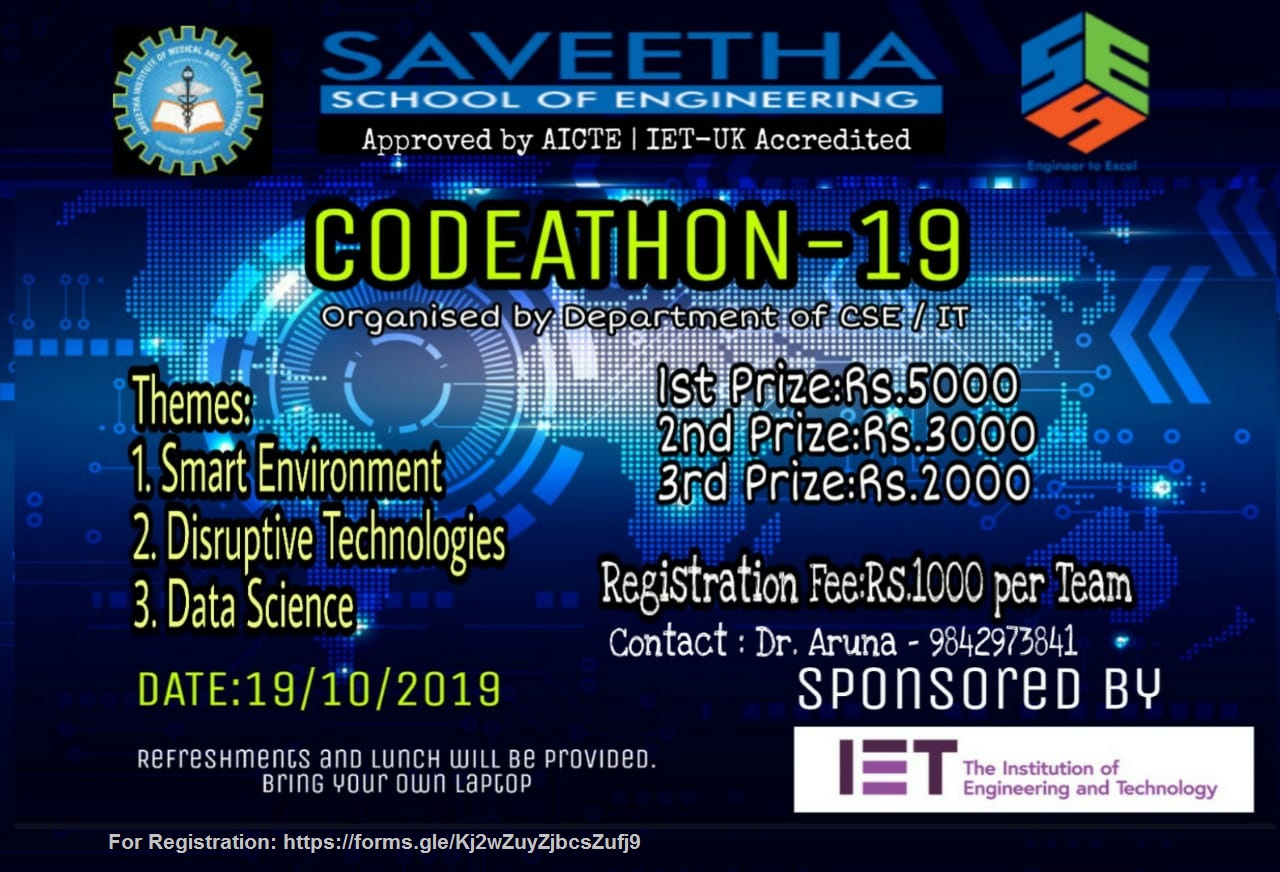 CODEATHON 19, Saveetha School of Engineering, Technical Festival, Chennai