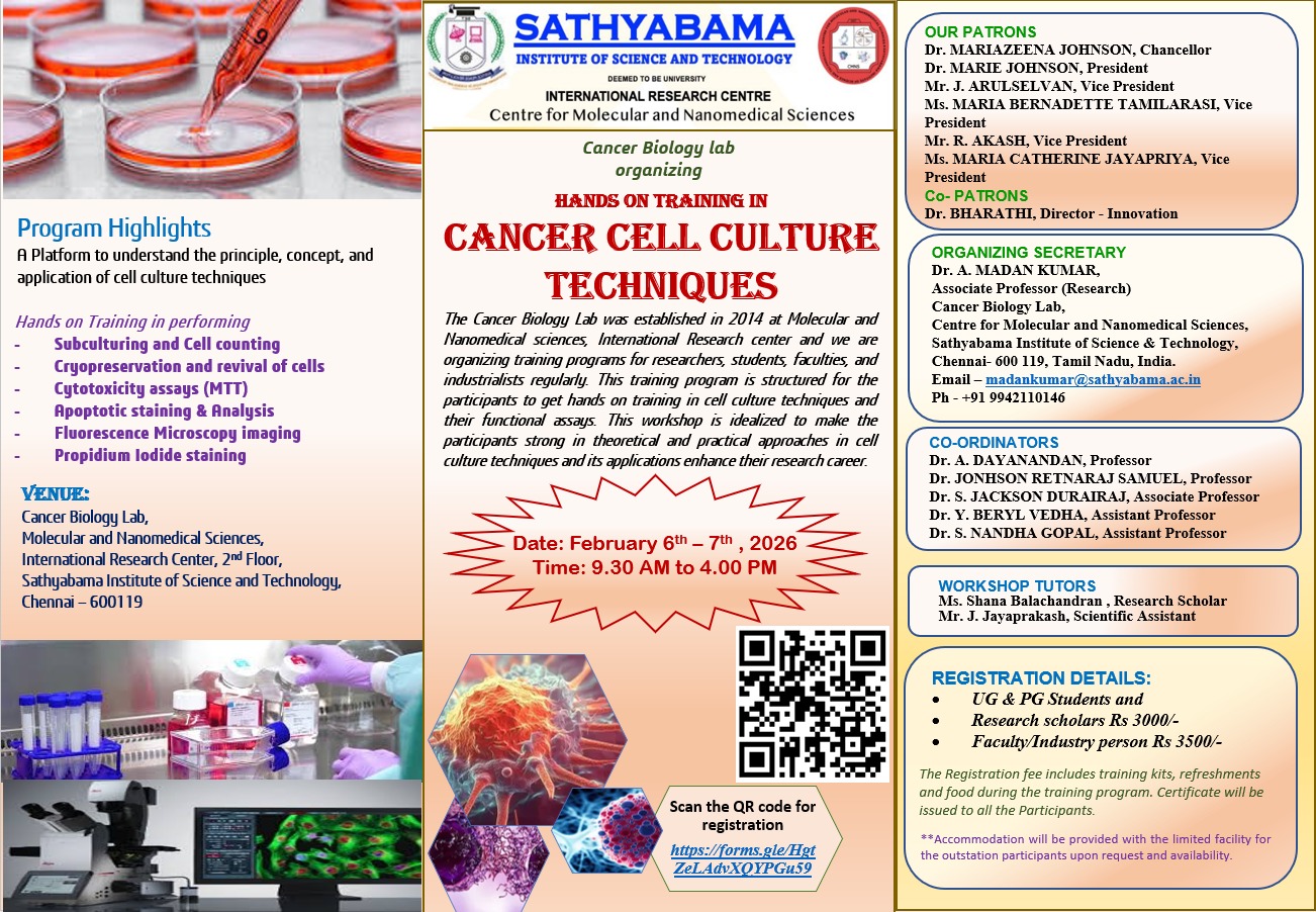 Hands-on Training on Cancer Cell Culture Techniques 2026, Sathyabama ...