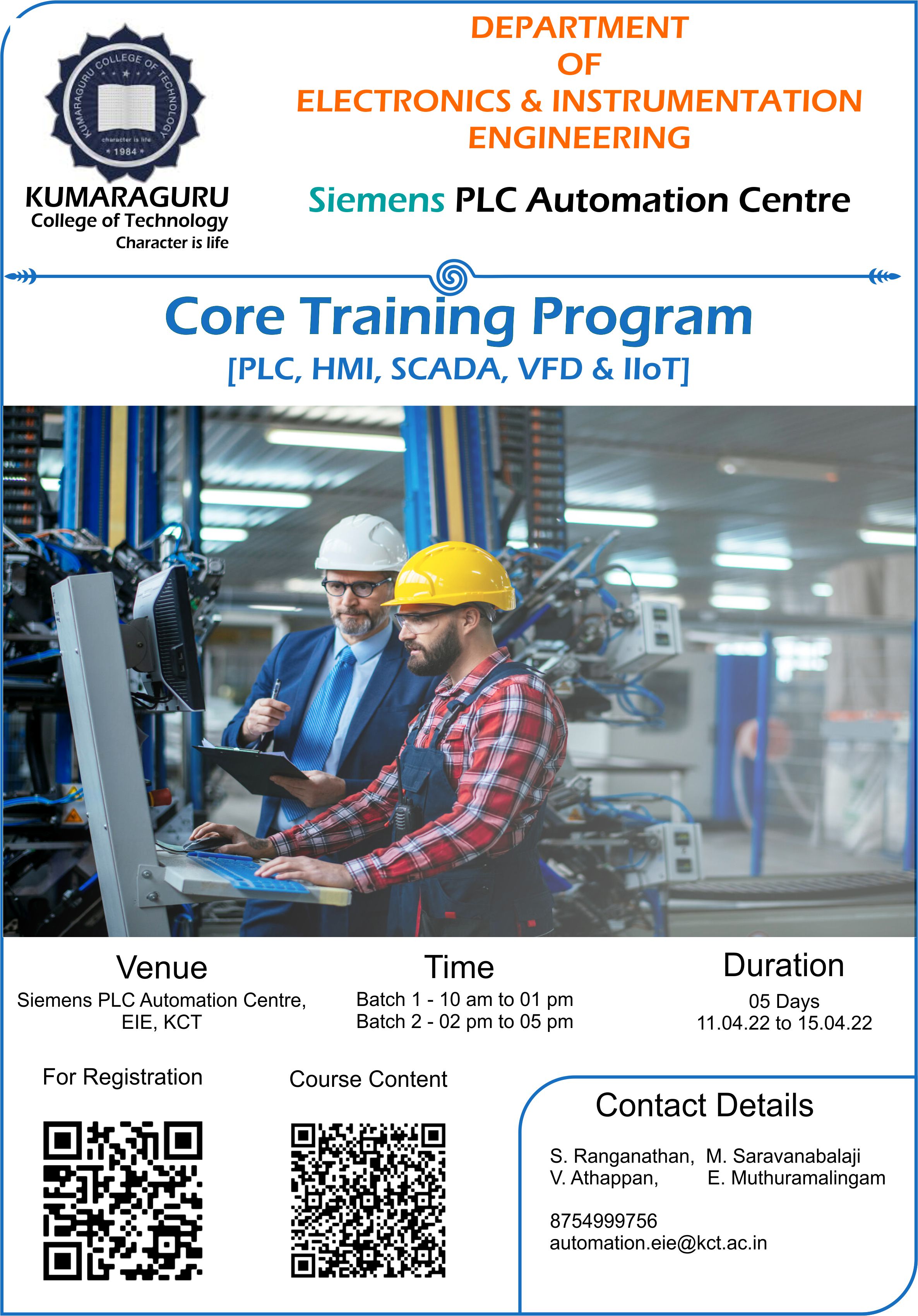 Core Training Program on SIEMENS PLC WITH IIoT 2022, Kumaraguru College ...