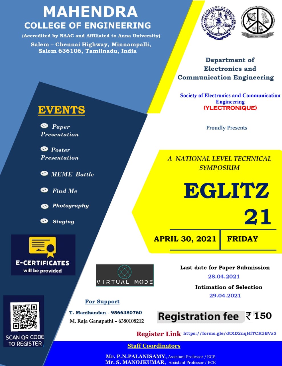 EGLITZ-21, Mahendra College of Engineering, Technical Symposium, Salem