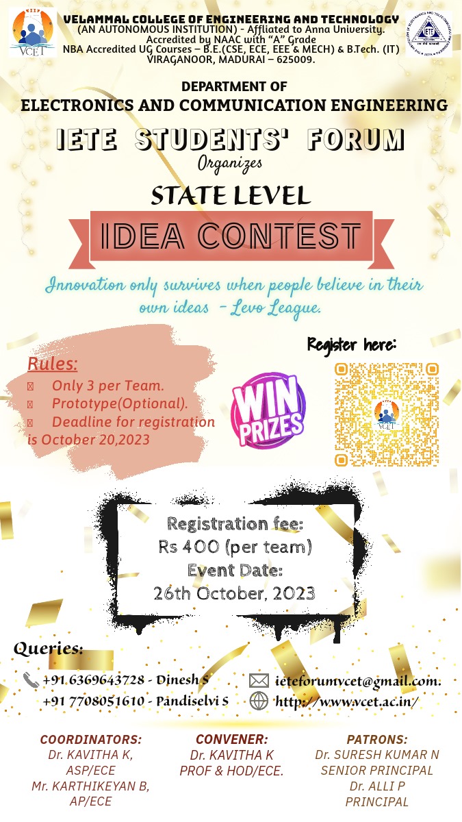 Idea Contest 2023, Velammal College of Engineering and Technology, Idea ...