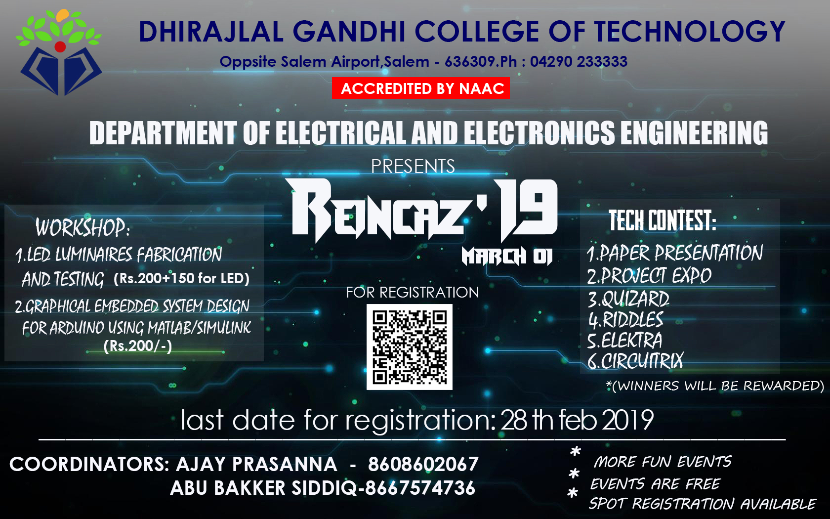REINCAZ 2019, Dhirajlal Gandhi College of Technology, EEE Symposium, Salem