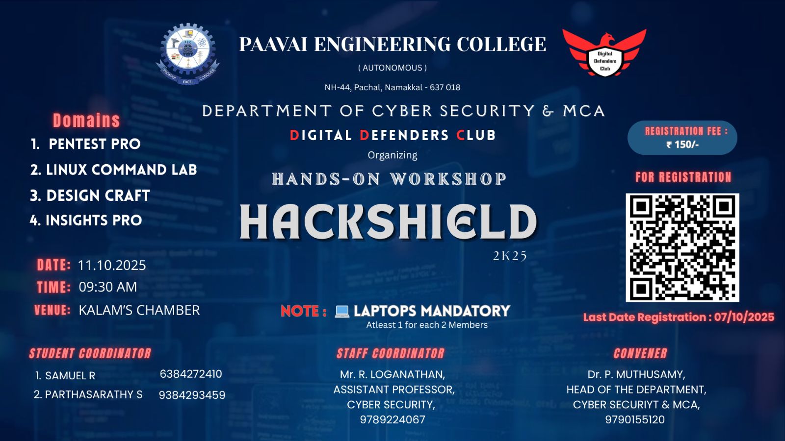 HackShield 2025, Paavai Engineering College, Hands-on Workshop, Namakkal
