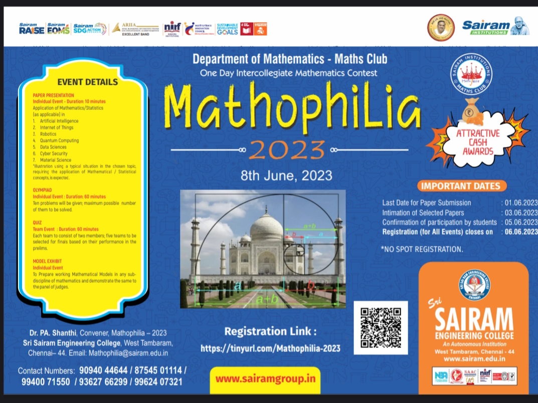 MATHOPHILIA 2023, Sri Sairam Engineering College, Mathematical ...