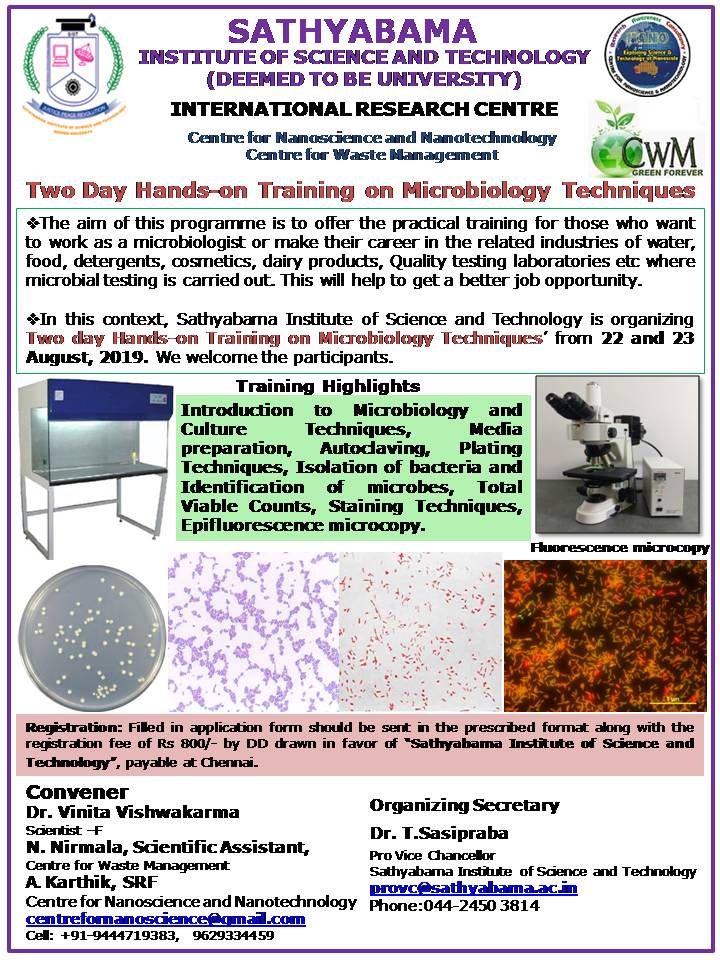 Two Day Hands on Training on Microbiology Techniques 2019, Sathyabama ...
