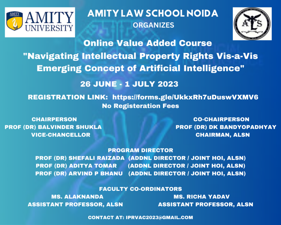 Free Value Added Course on IPR 2023, Amity Law School Noida, Short Term ...