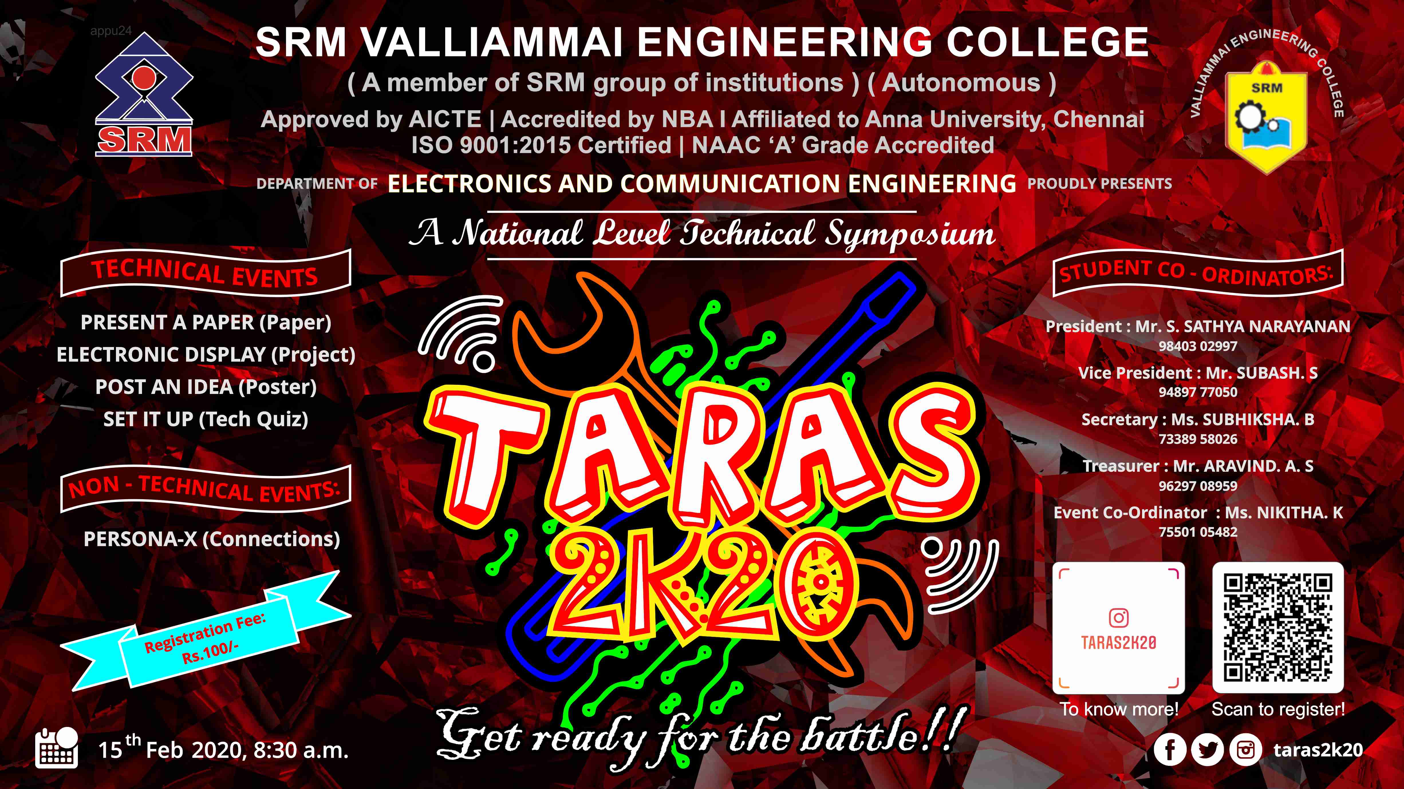 Taras 2K20, SRM Valliammai Engineering College, Technical Symposium ...