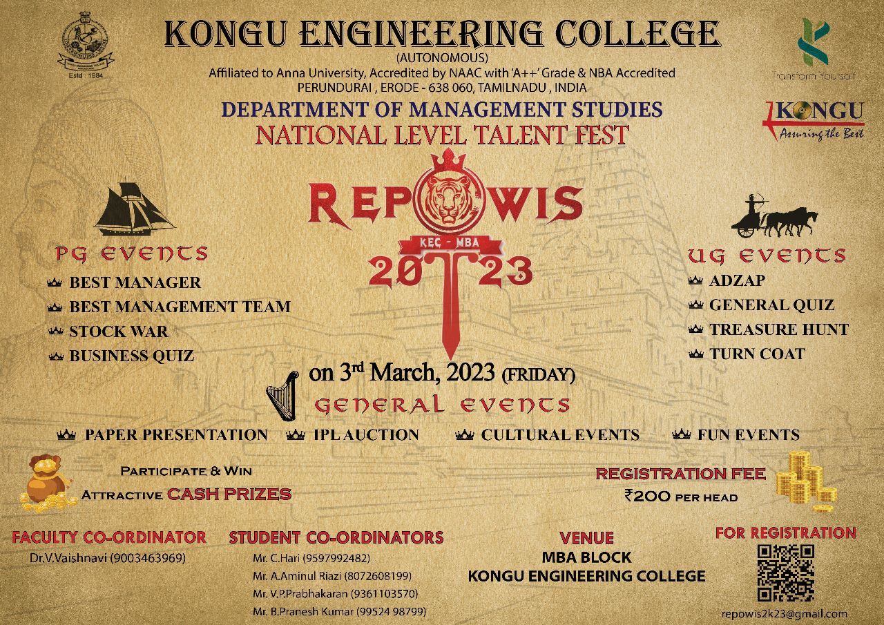 REPOWIS 2K23, Kongu Engineering College, Techno Cultural and Management ...