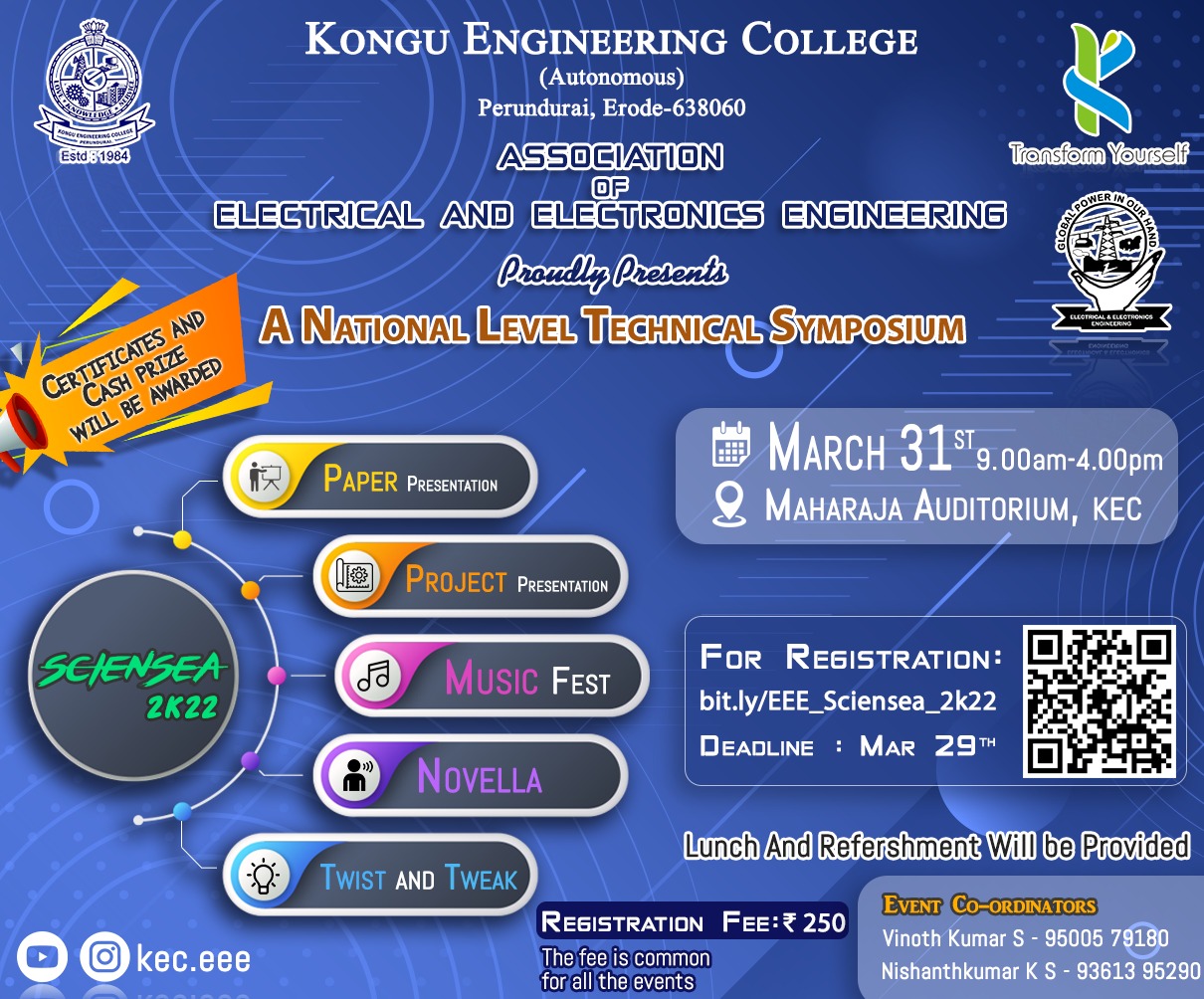 SCIENSEA 2k22, Kongu Engineering College, EEE Symposium, Erode