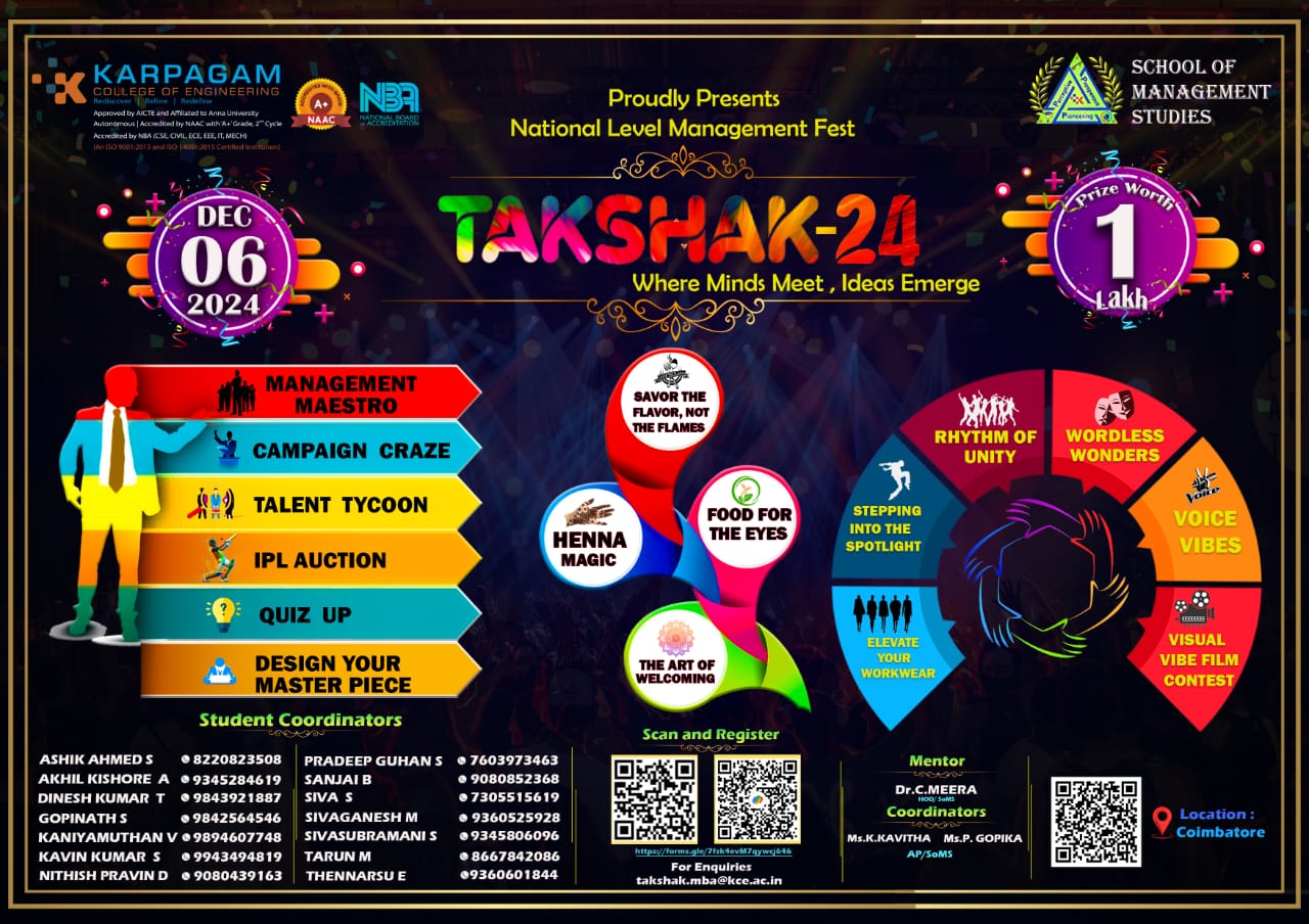 TAKSHAK 24, Karpagam College of Engineering, Management Fest, Coimbatore