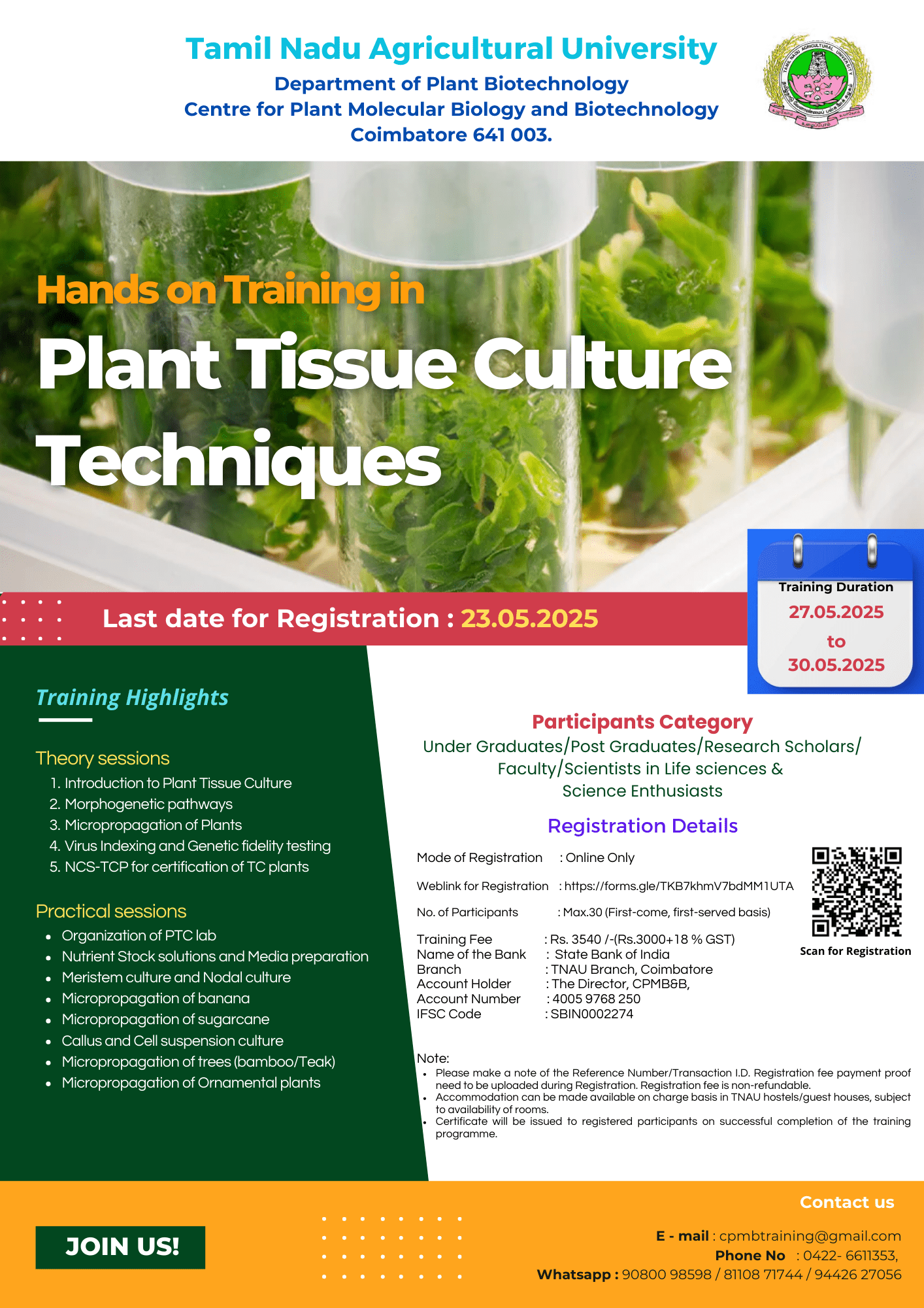 Hands on Training in "Plant Tissue Culture Techniques" 2025, Tamil Nadu ...