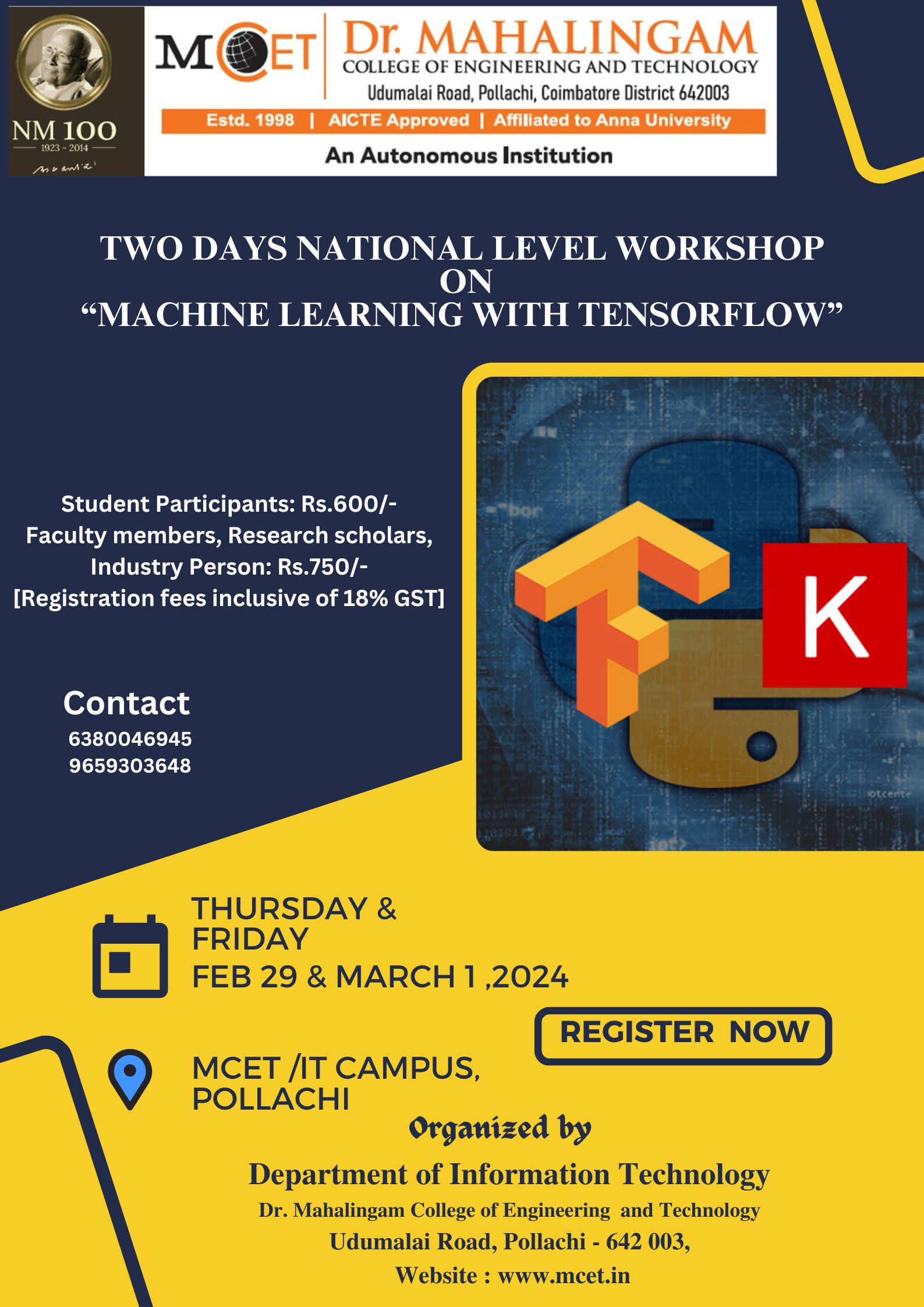 Two Days National Level workshop on MachineLearning with TensorFlow ...