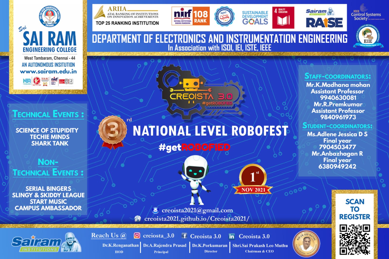 CREOISTA 3.0, Sri Sairam Engineering College, Robofest, Chennai