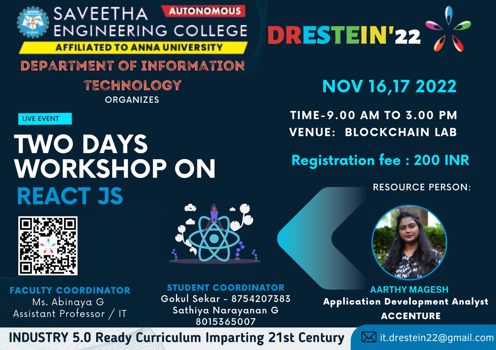Worshop on ReactJS 2022, Saveetha Engineering College, Workshop, Chennai