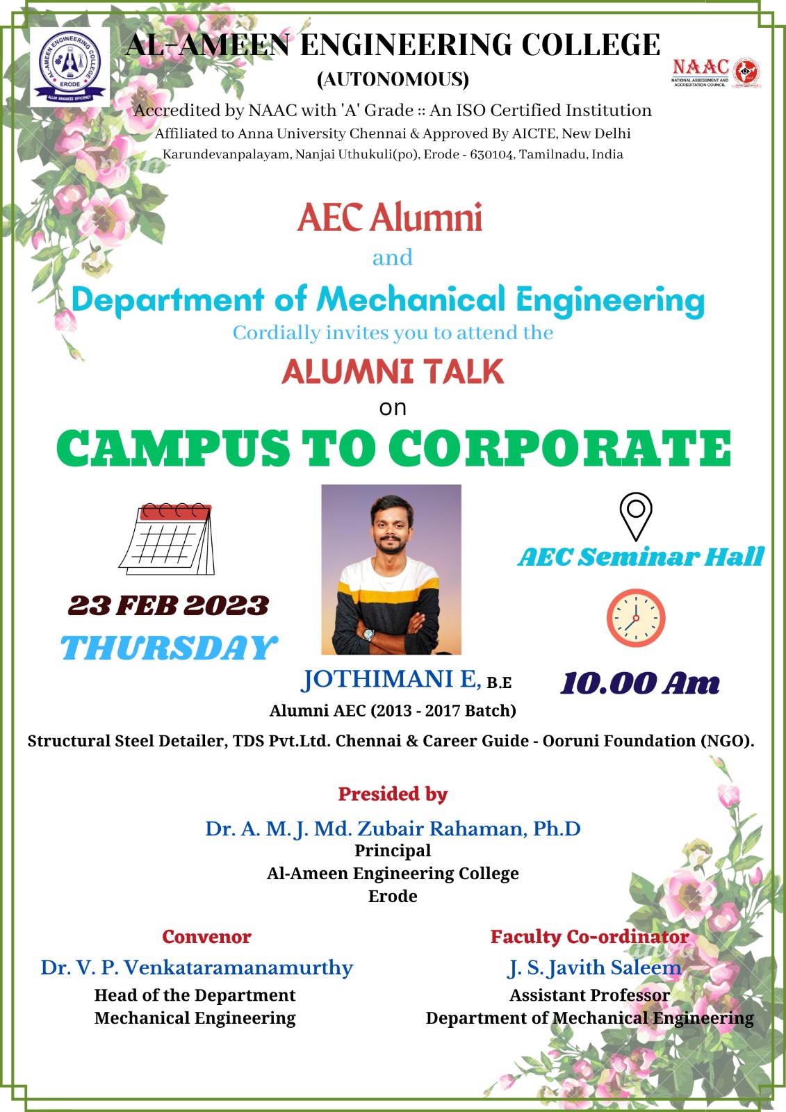 ALUMNI TALK 2023, Al Ameen Engineering College, Alumni Talk, Erode