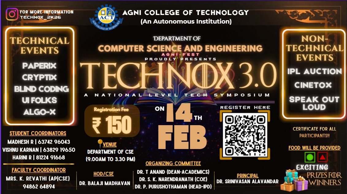 Technox 3.0, Agni College of Technology, Annual Technology Festival ...