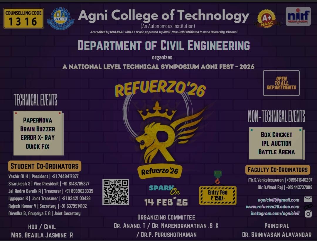 REFUERZO'26, Agni College of Technology, Civil Engineering Symposium ...