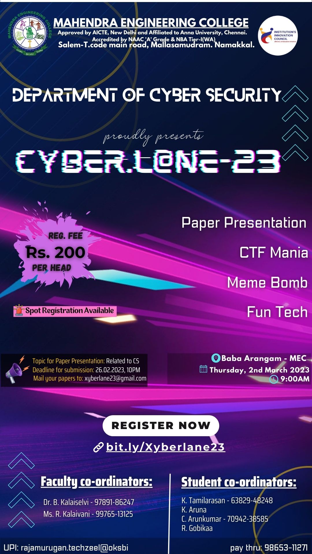 CYBER.L@NE-23, Mahendra Engineering College, Technical Symposium, Namakkal