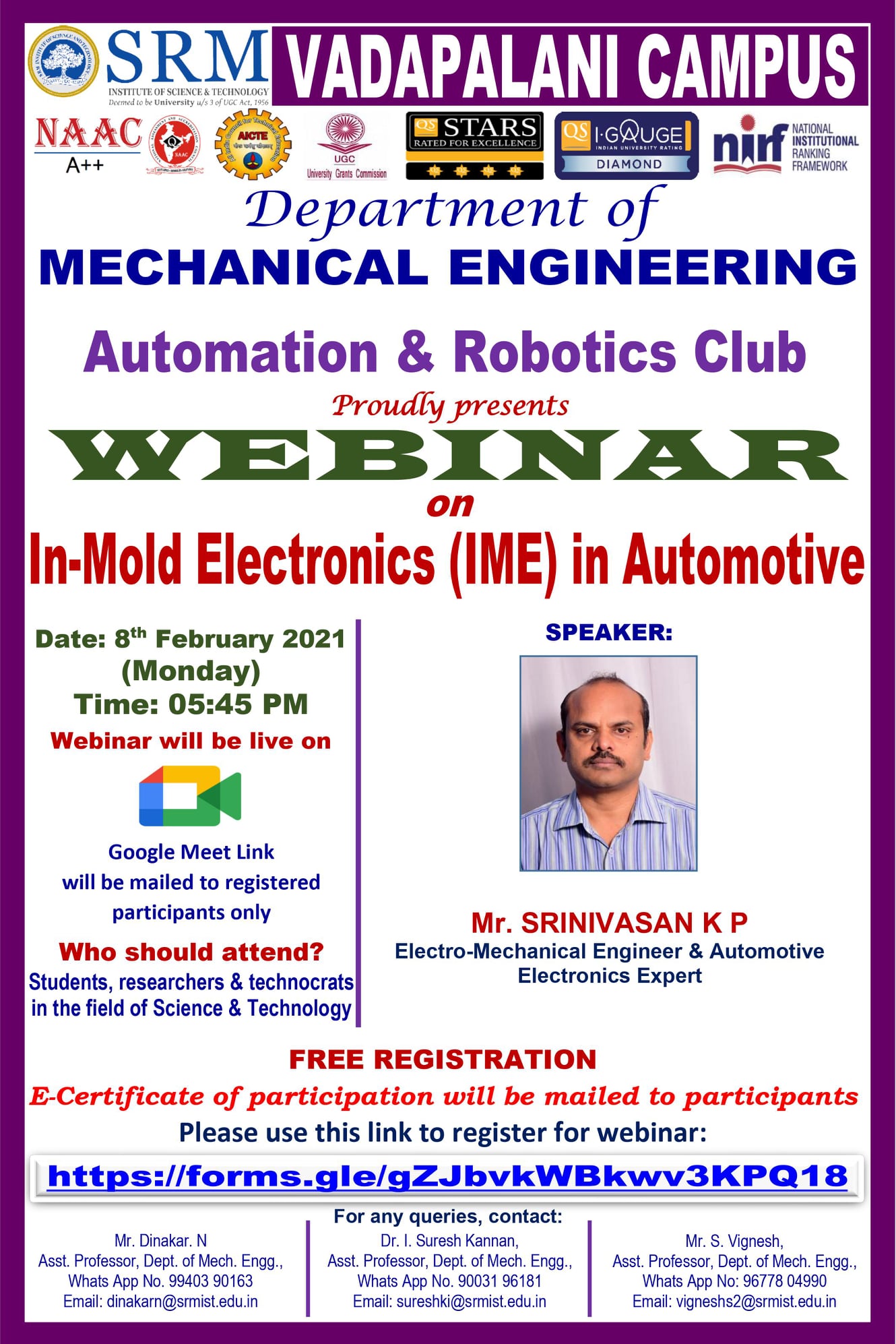 Webinar on In Mold Electronics in Automobiles 2021, SRM Institute of ...
